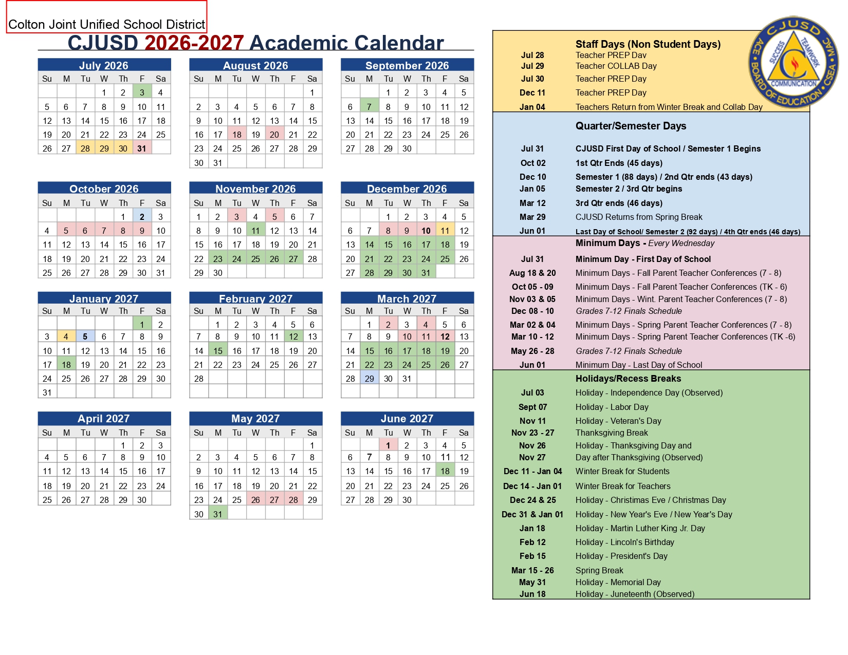 Colton Joint Unified School District USD Calendar 26-27 ...