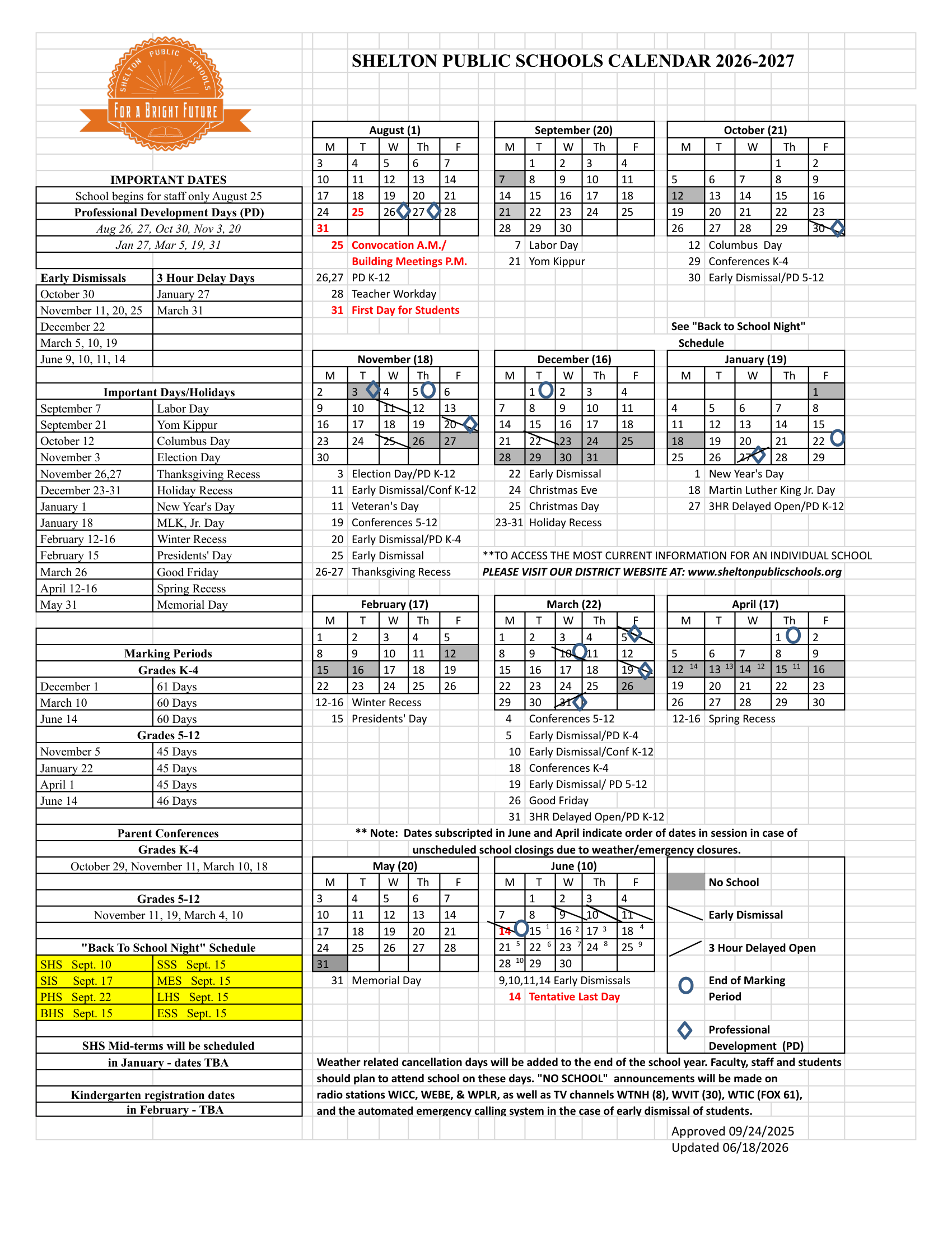 Shelton Public Schools Calendar 26-27 | CalendarStates.com