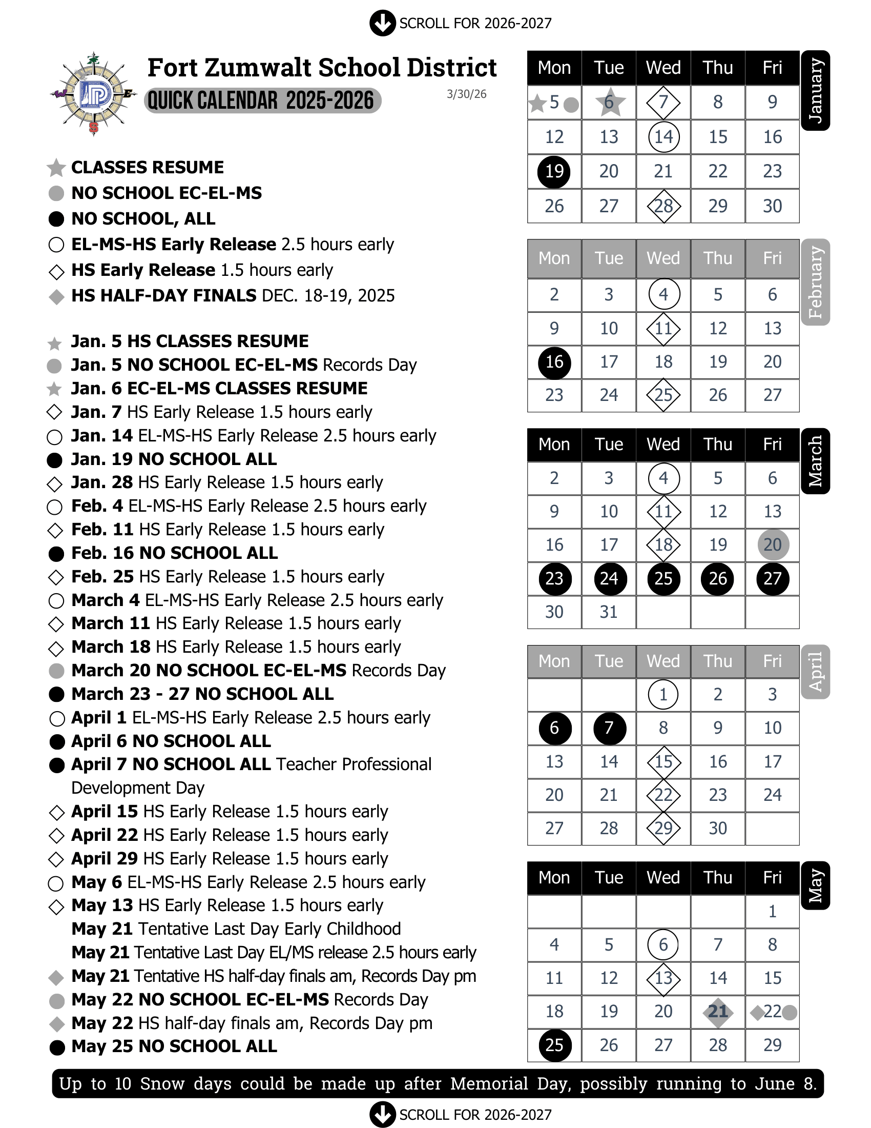 Fort Zumwalt School District Calendar 26-27 | CalendarStates.com