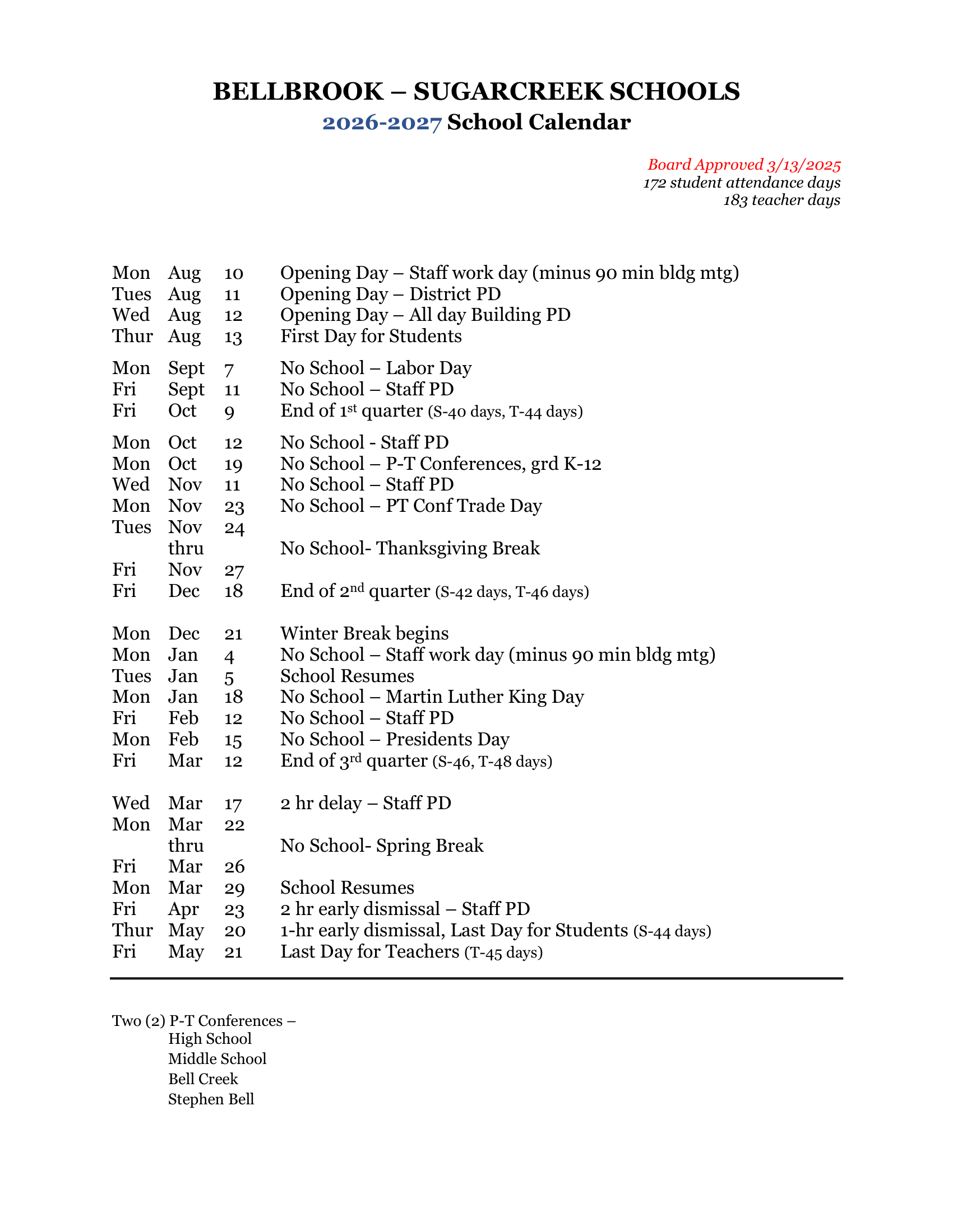 Bellbrook-Sugarcreek Schools Calendar 26-27 | CalendarStates.com